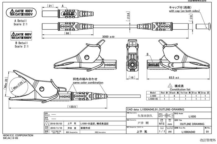 Hioki L1000-05 Voltage Cords, 9.84ft, 5-Pack